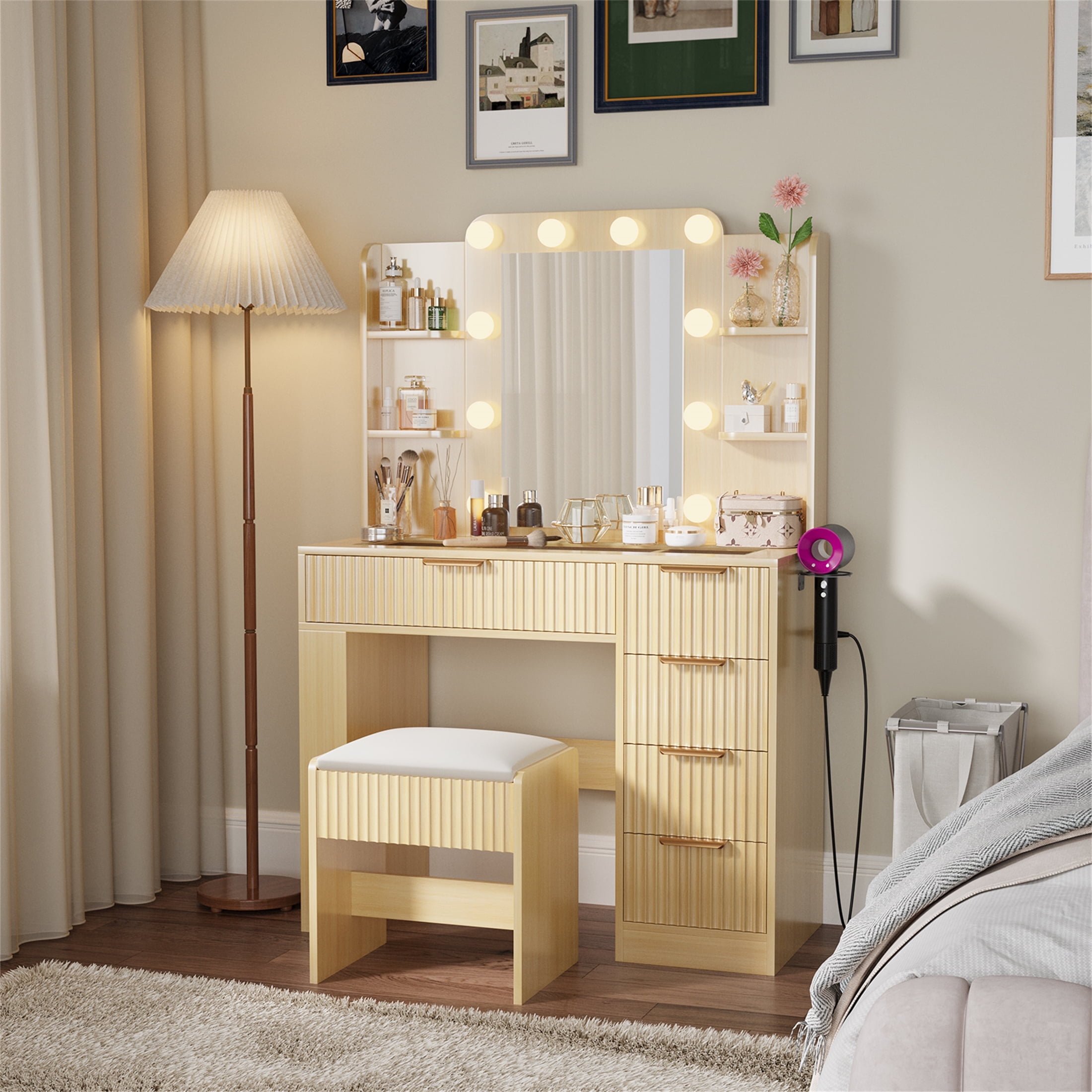 Yeahumalia Fluted Vanity Desk with Mirror and Lights, Makeup Vanity ...