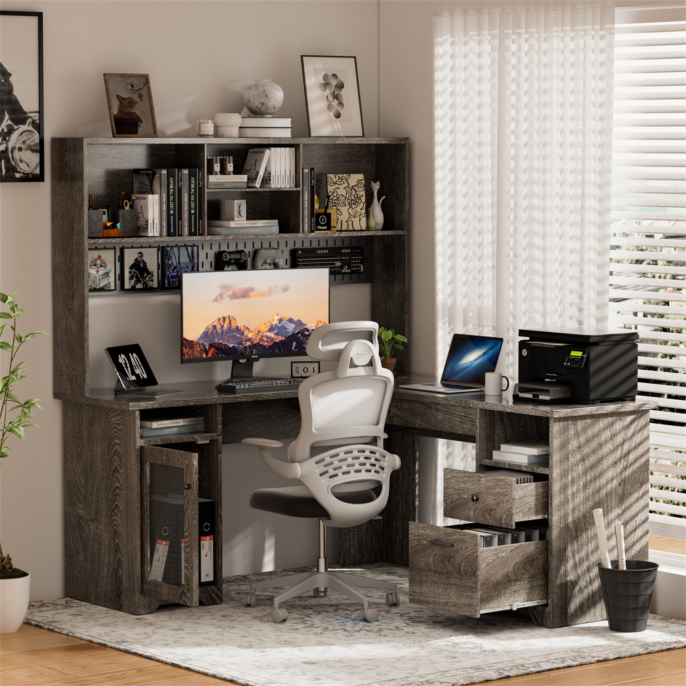 Yeahumalia L Shaped Desk with Drawers, Hutch and Power Outlet, 66 Inch ...