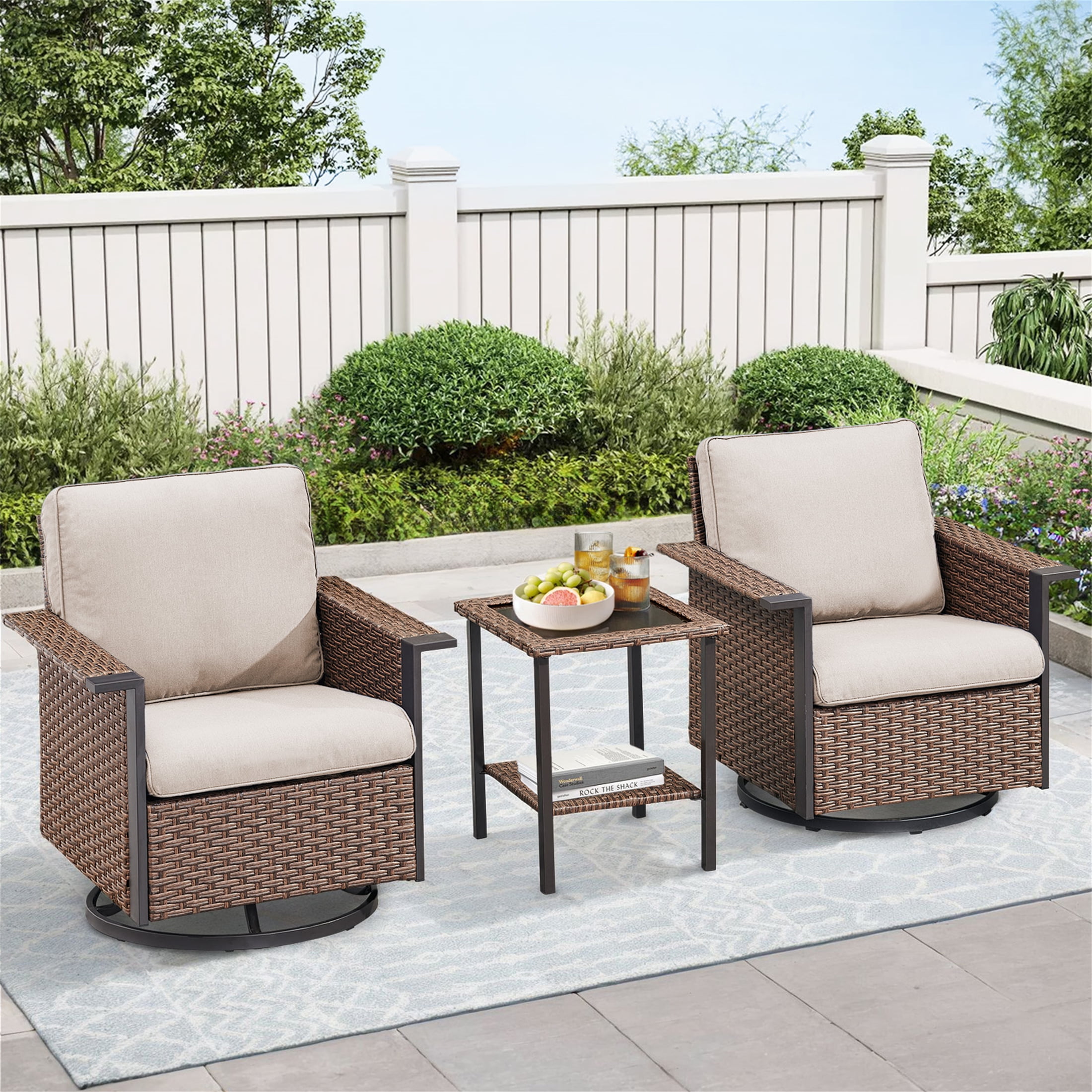 Yeahumalia Outdoor 2 Piece Wicker Swivel Rocking Chairs with Side Table ...