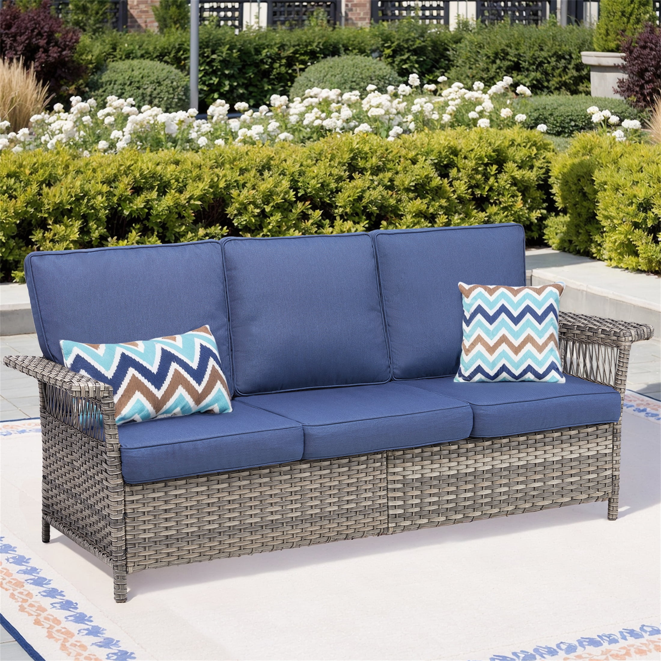 Yeahumalia Outdoor Wicker 3-Seat Patio Couch with Navy Cushions - All ...