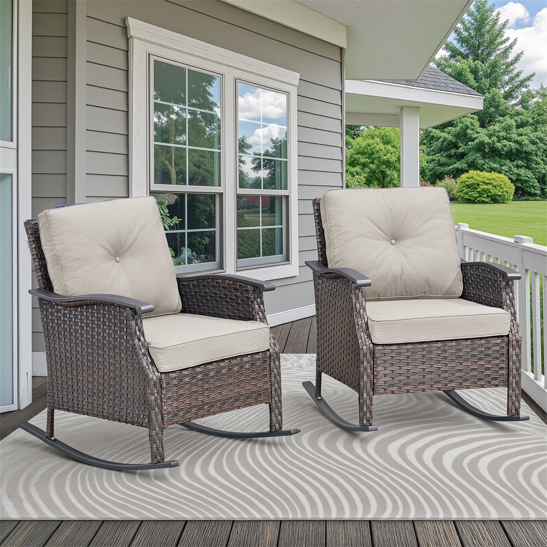 Yeahumalia Outdoor Patio Wicker Rocking Chairs Set of 2 with High Back ...