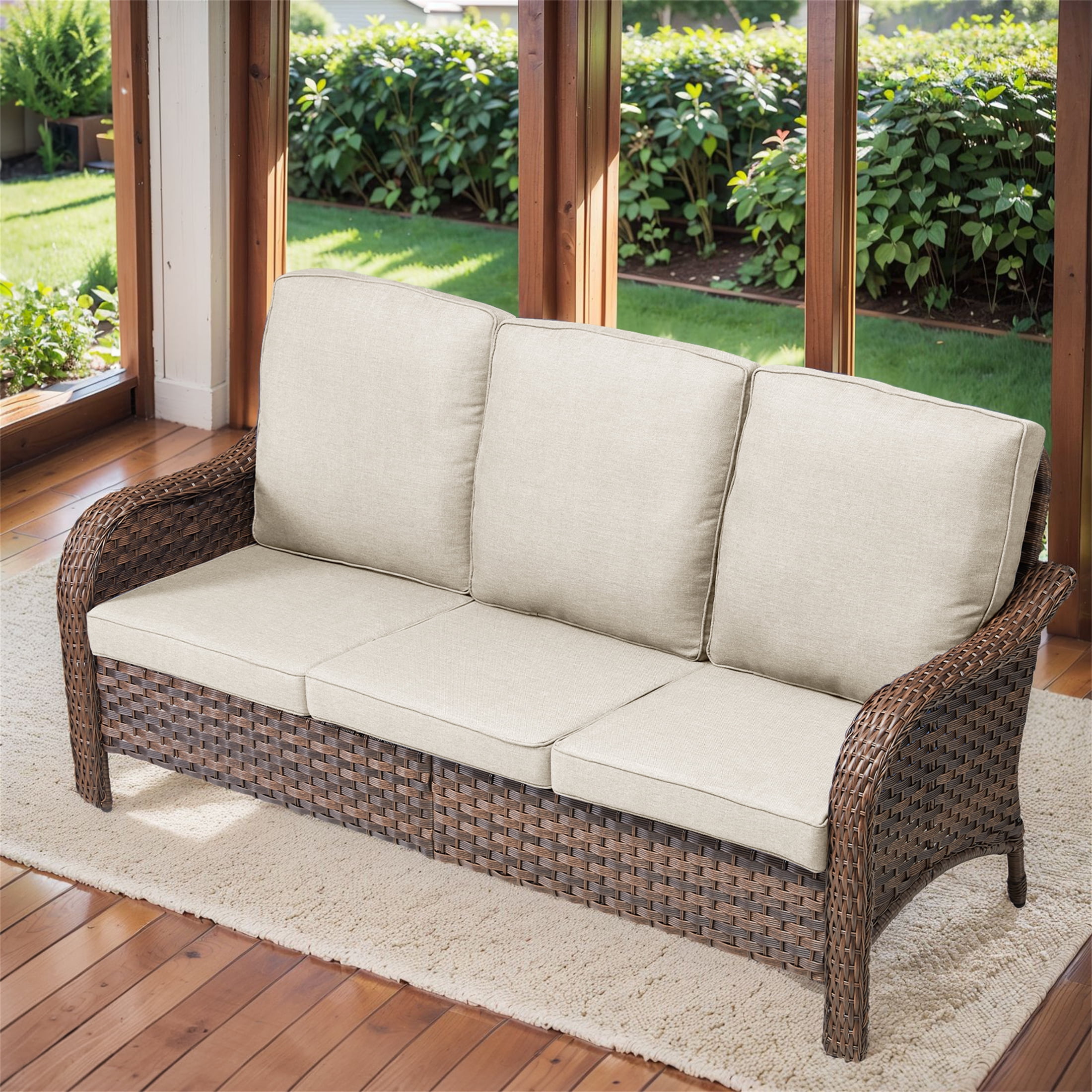 Yeahumalia Outdoor Rattan Couch with Deep Seat Hight Backrest, 3 Seater ...