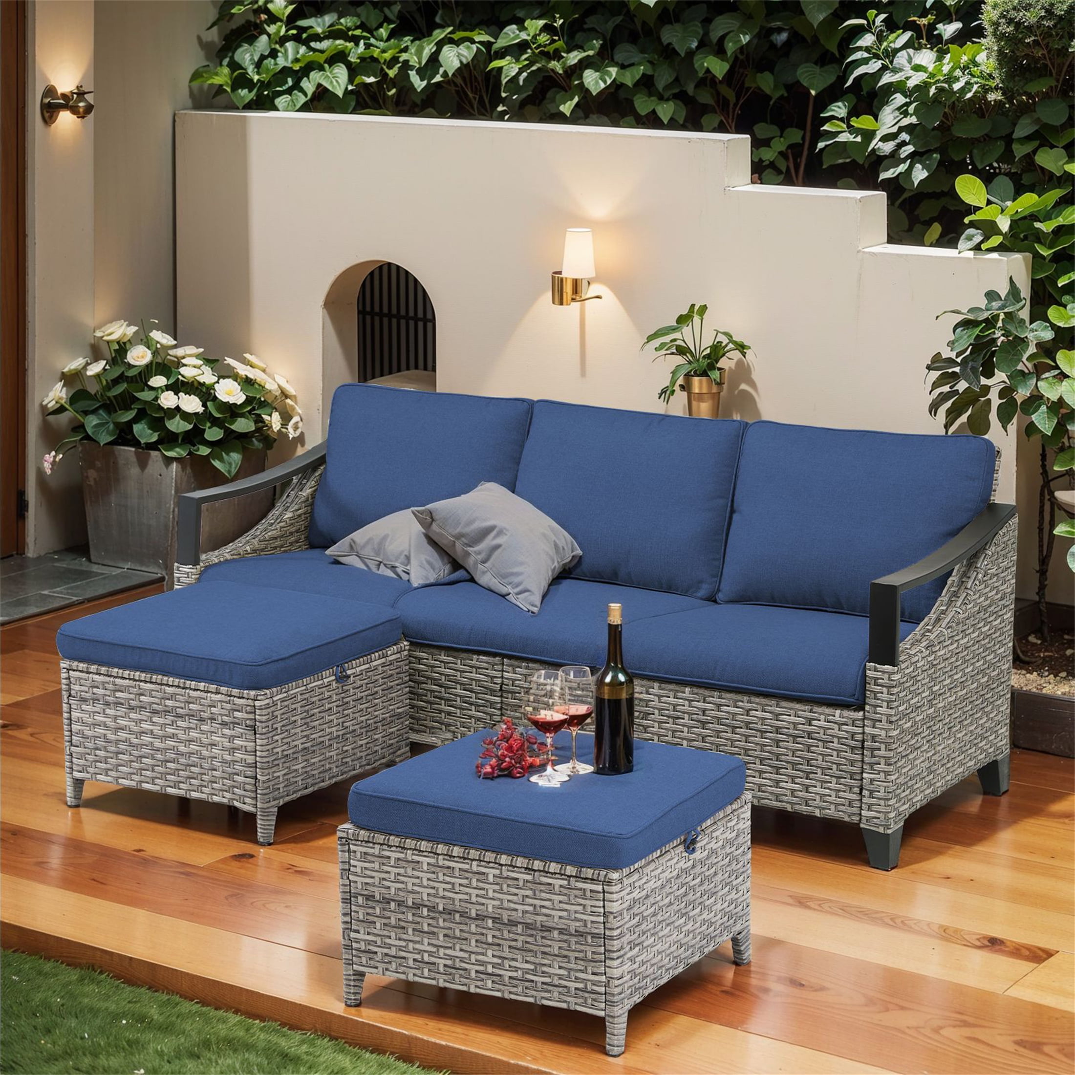 Yeahumalia Patio Outdoor Wicker 3-Seat Sofa Rattan Couch with 2pcs ...