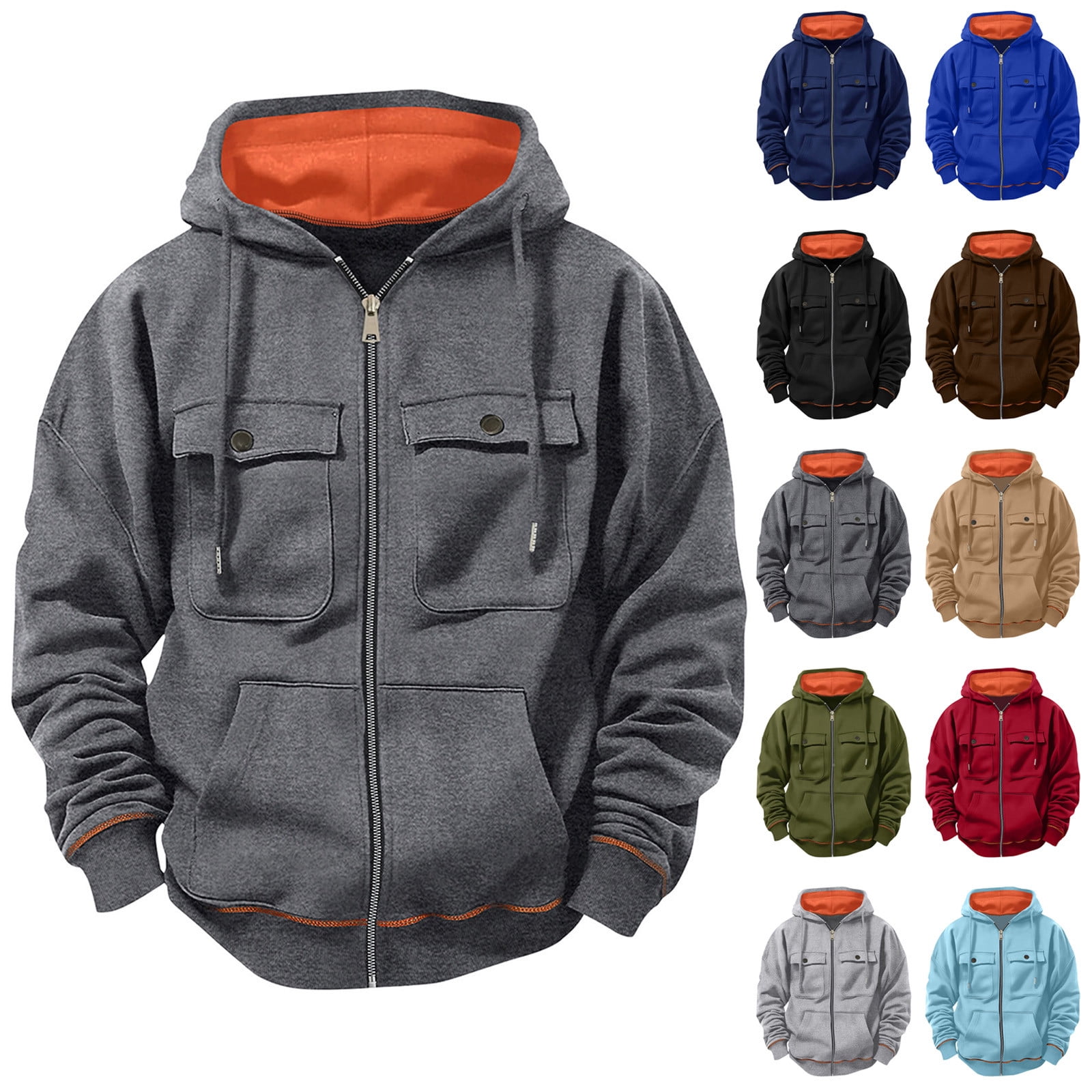 Yeaiivve Big and Tall Zip Up Hoodies Men Cargo Sweatshirt Jacket ...