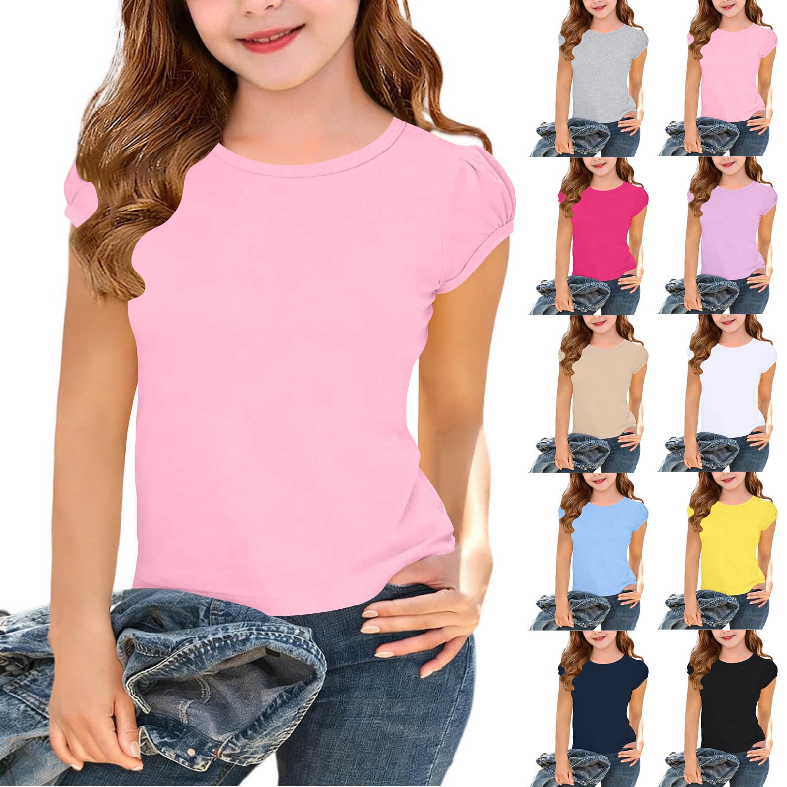 Yeaiivve Girls' Puff Short Sleeve Shirt Round Neck T-Shirts Casual ...