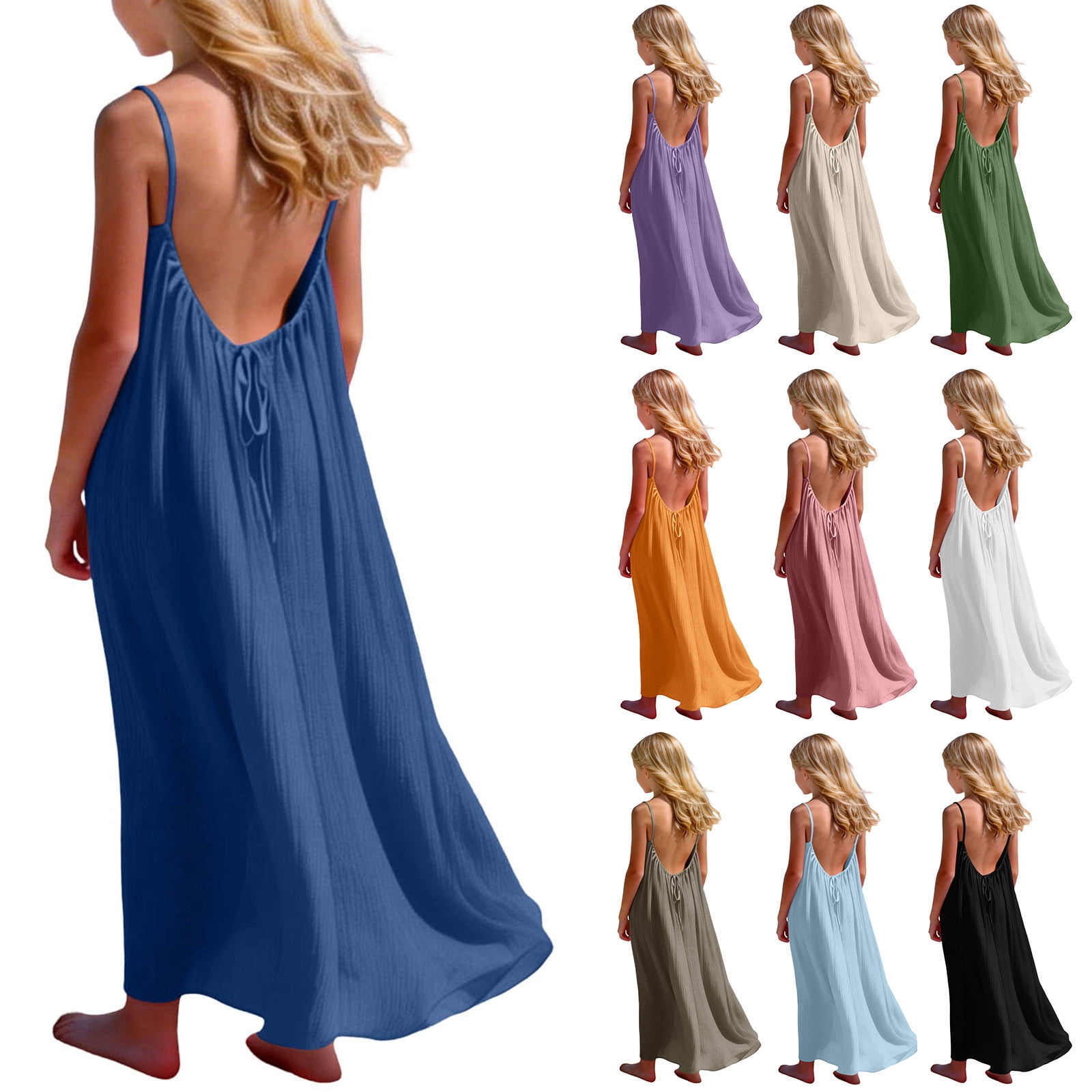 Yeaiivve Teen Girls Backless Cami Dress Open Back Sleeveless Lounge ...