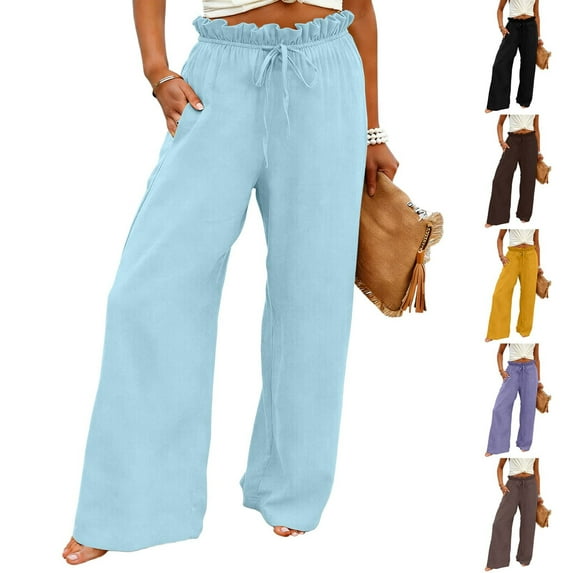 Yeaiivve Women Linen Palazzo Pants Ruffle High Waisted Drawstring Wide ...