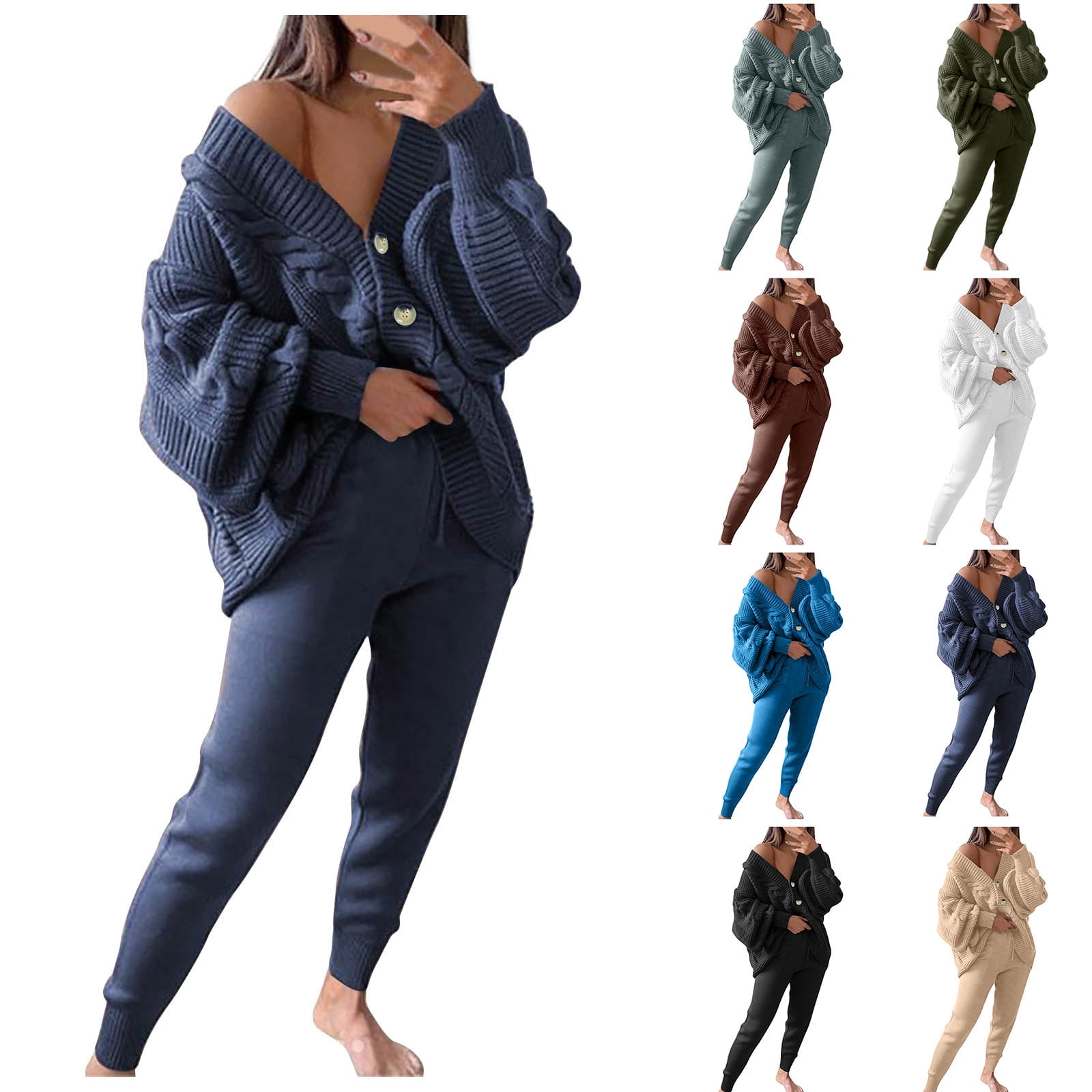 Yeaiivve Women's 2 Piece Outfits Fall Knit Lounge Sets V Neck Cardigan ...