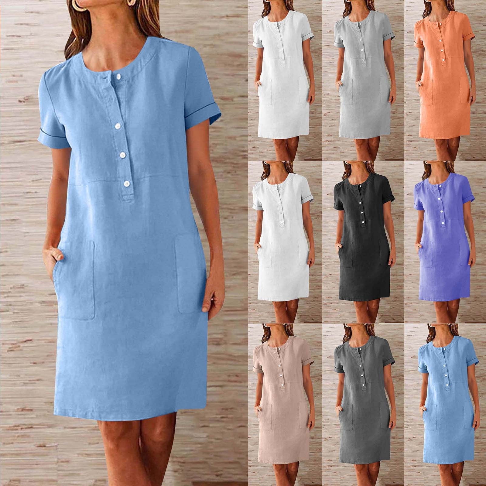 Yeaiivve Women's Crew Neck Button Down Shirt Dress Summer Knee Length ...