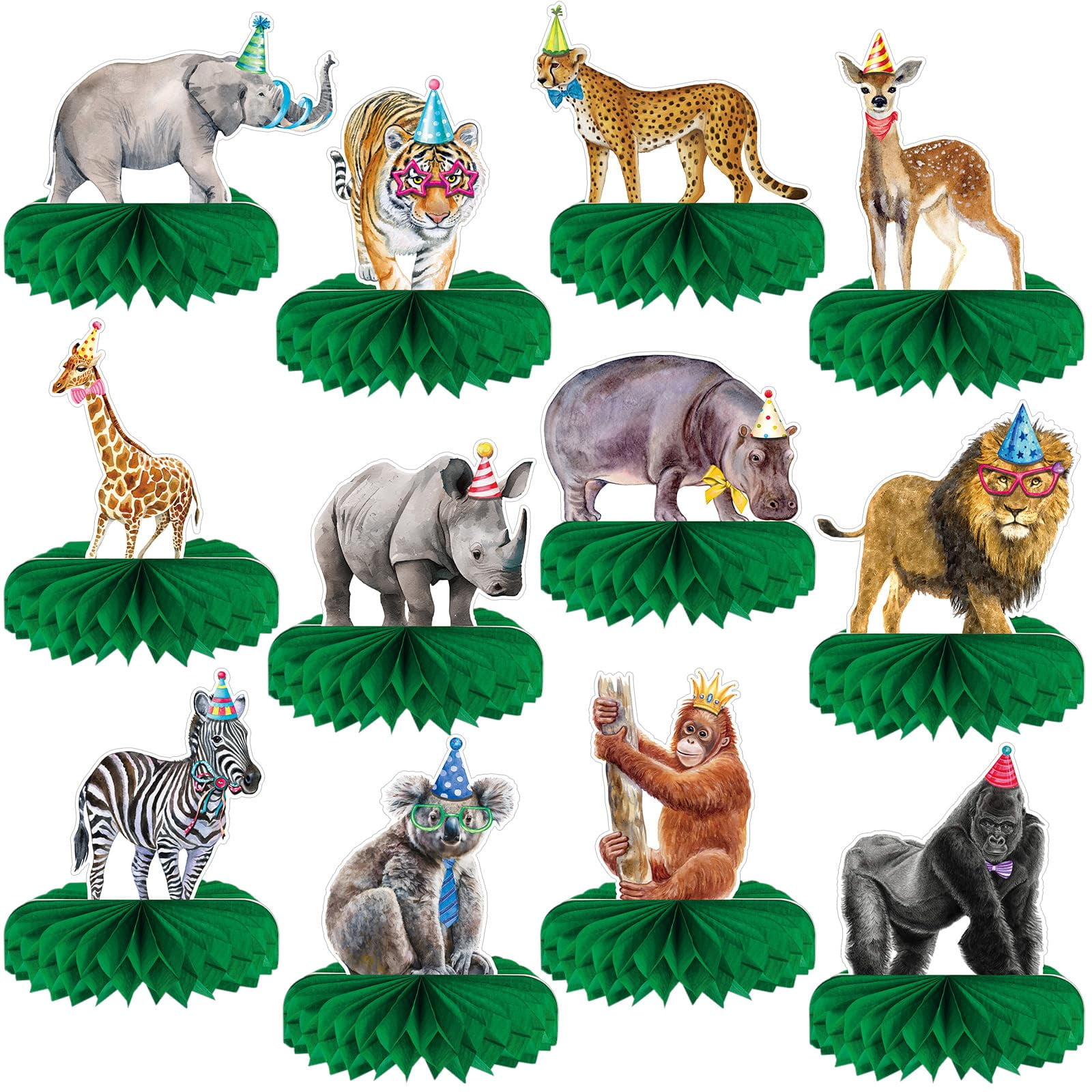 Yeaqee 12 Pcs Jungle Animals Honeycomb Centerpieces MHD1Safari Themed Birthday Party Supplies ...