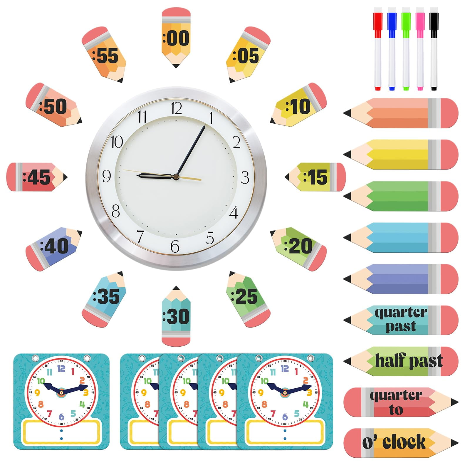 Yeaqee 31 Pcs Telling Time Bulletin Board Analog Clock Practice ...