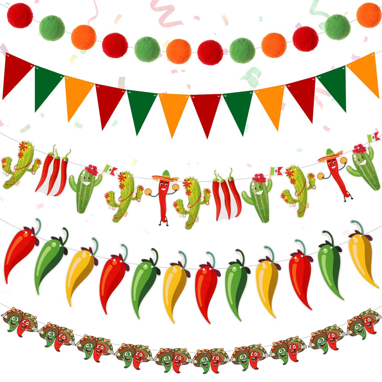 Yeaqee 5 Pieces Chili Pepper Mexican Fiesta Banner Mexican Fiesta ...