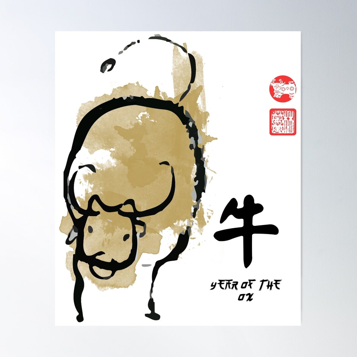 Year Of Ox Painting Seal Animal Chinese Zodiac Poster Wall Art, Modern Wall Decor For Living ...