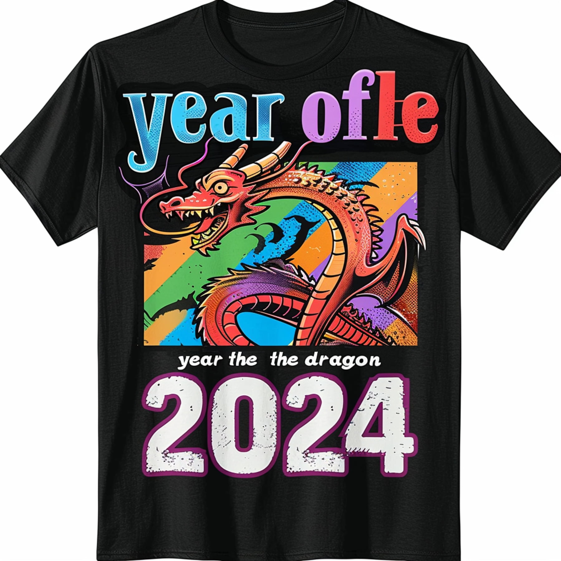 Year of the Dragon 2024 Vintage Dragon Illustration Black T Shirt ...