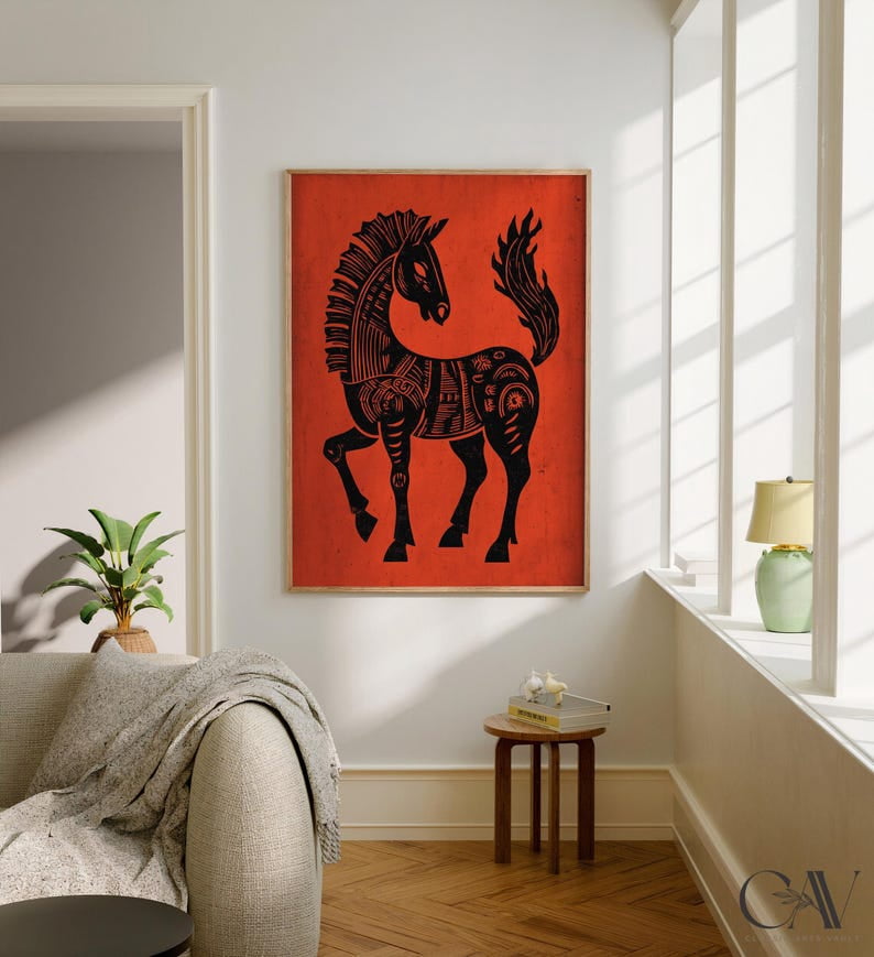 Year of the Horse Art Print Chinese Zodiac Animal Poster Lunar New Year ...