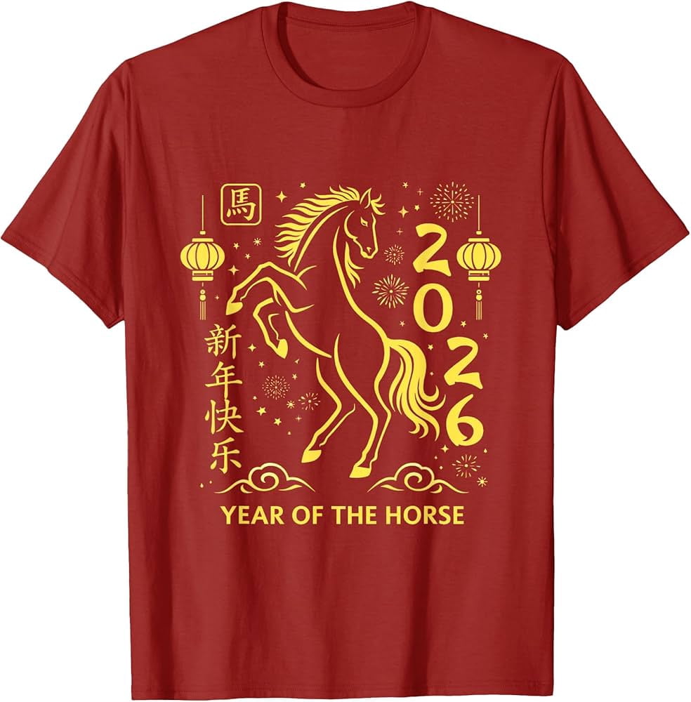 Year of the Horse Fire 2026 Lunar New Year T-Shirt - Red with Yellow ...