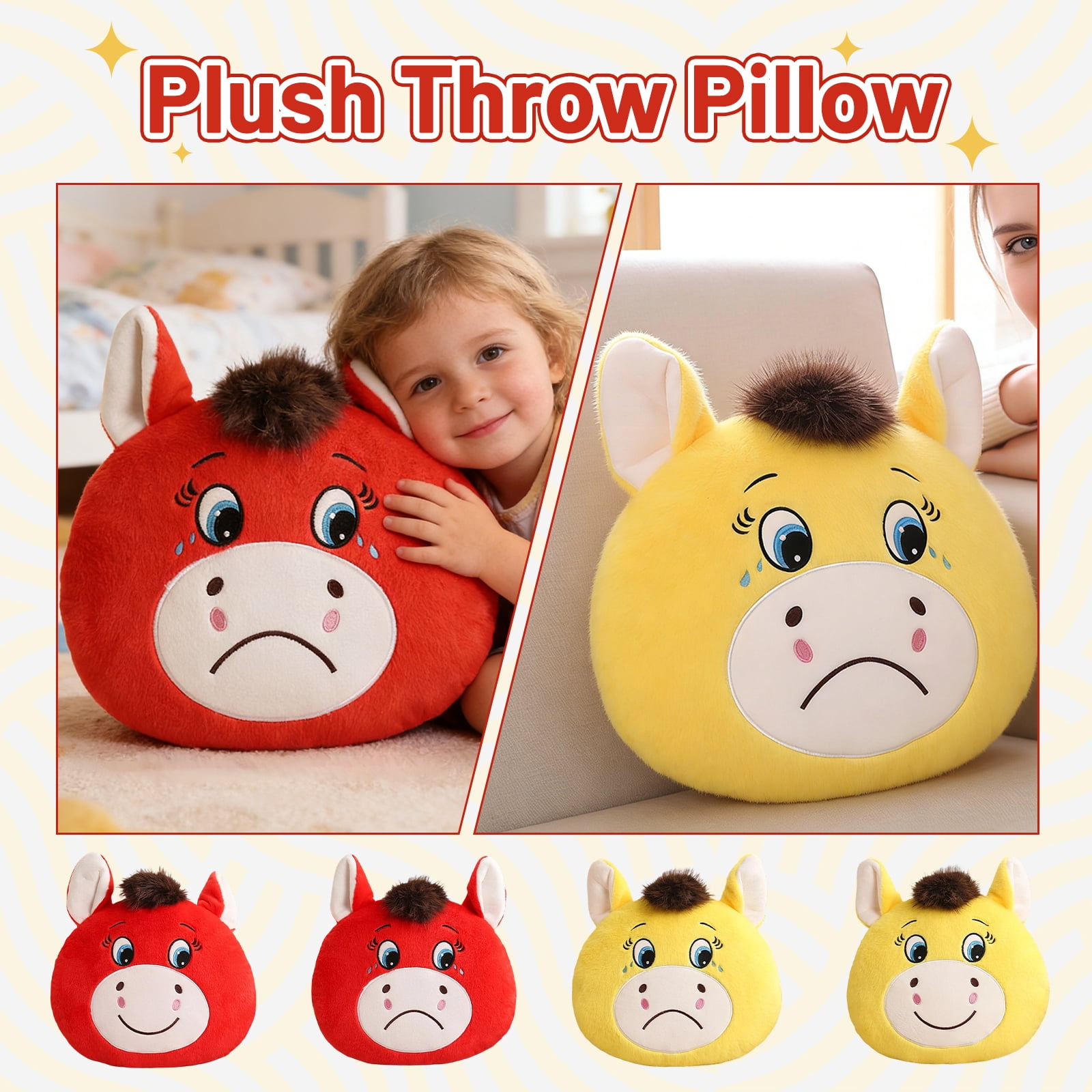 Year of the Horse Plush Pillow, Happy & Sad Expression Horse Head ...
