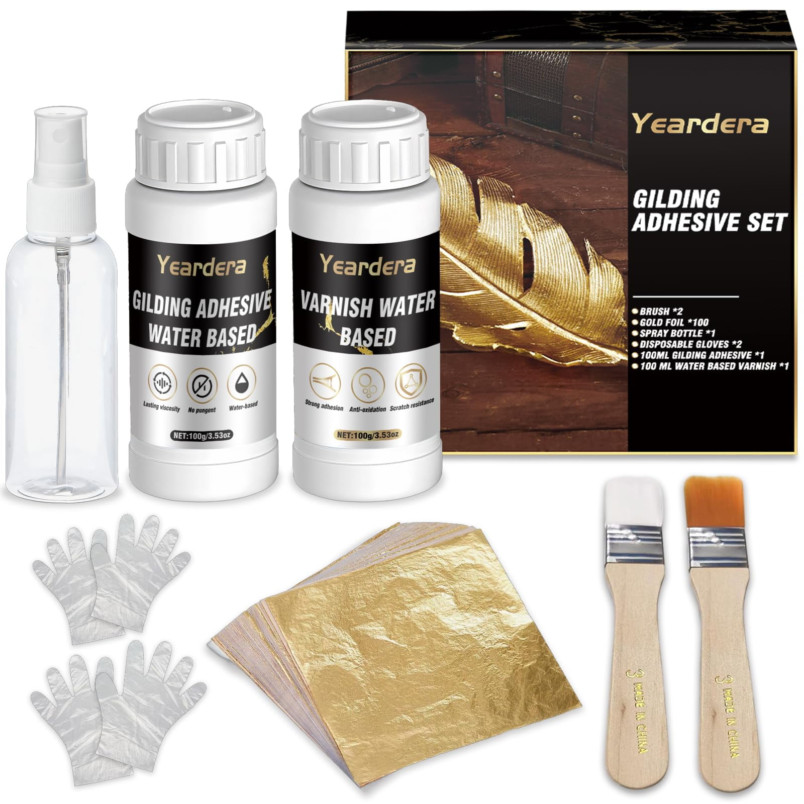Yeardera Gold Leaf Kit, 100ml Gilding Adhesive and Varnish with 100 ...