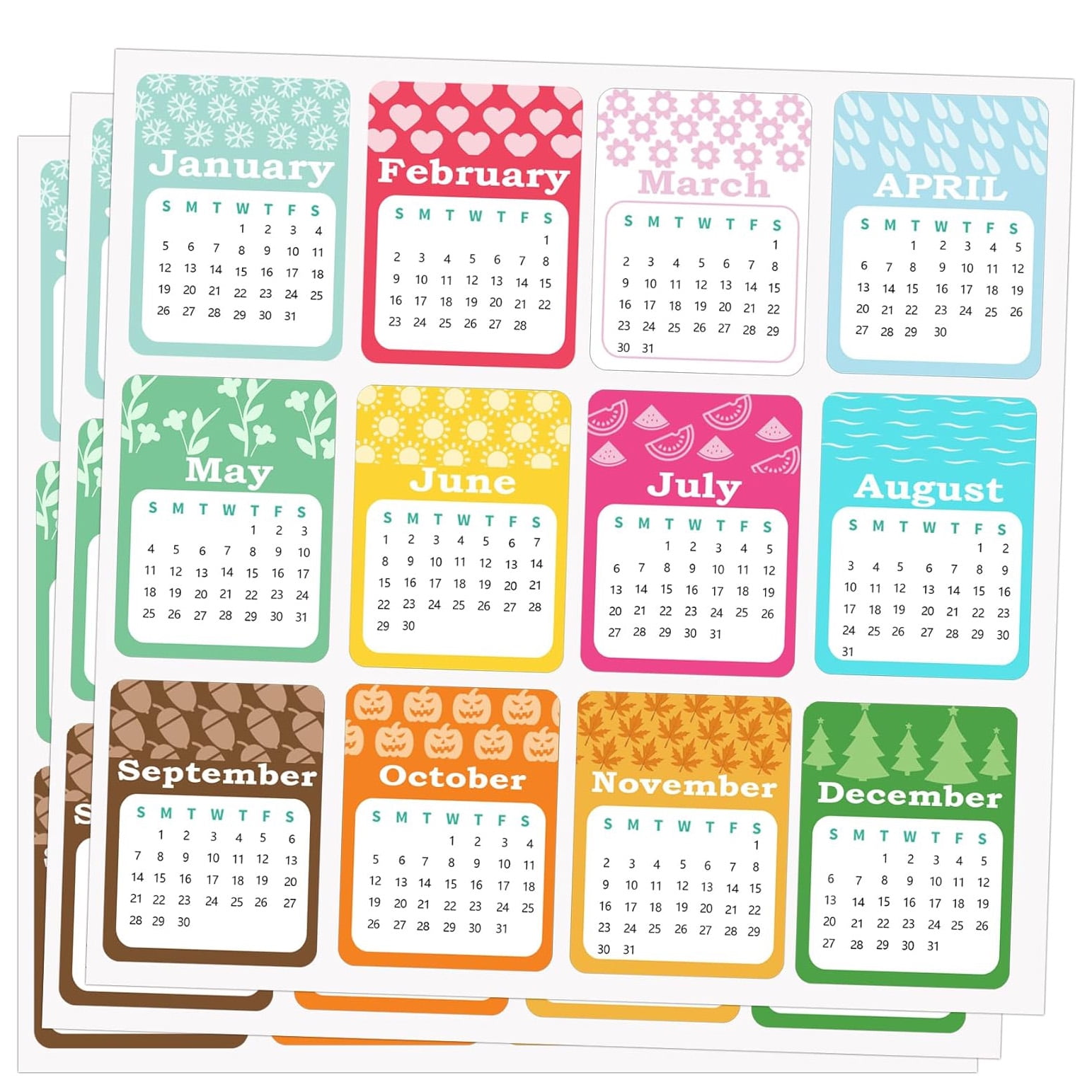 Yearly Monthly Calendar 2025 Stickers,January 2025 - December 2025, 2x2 ...