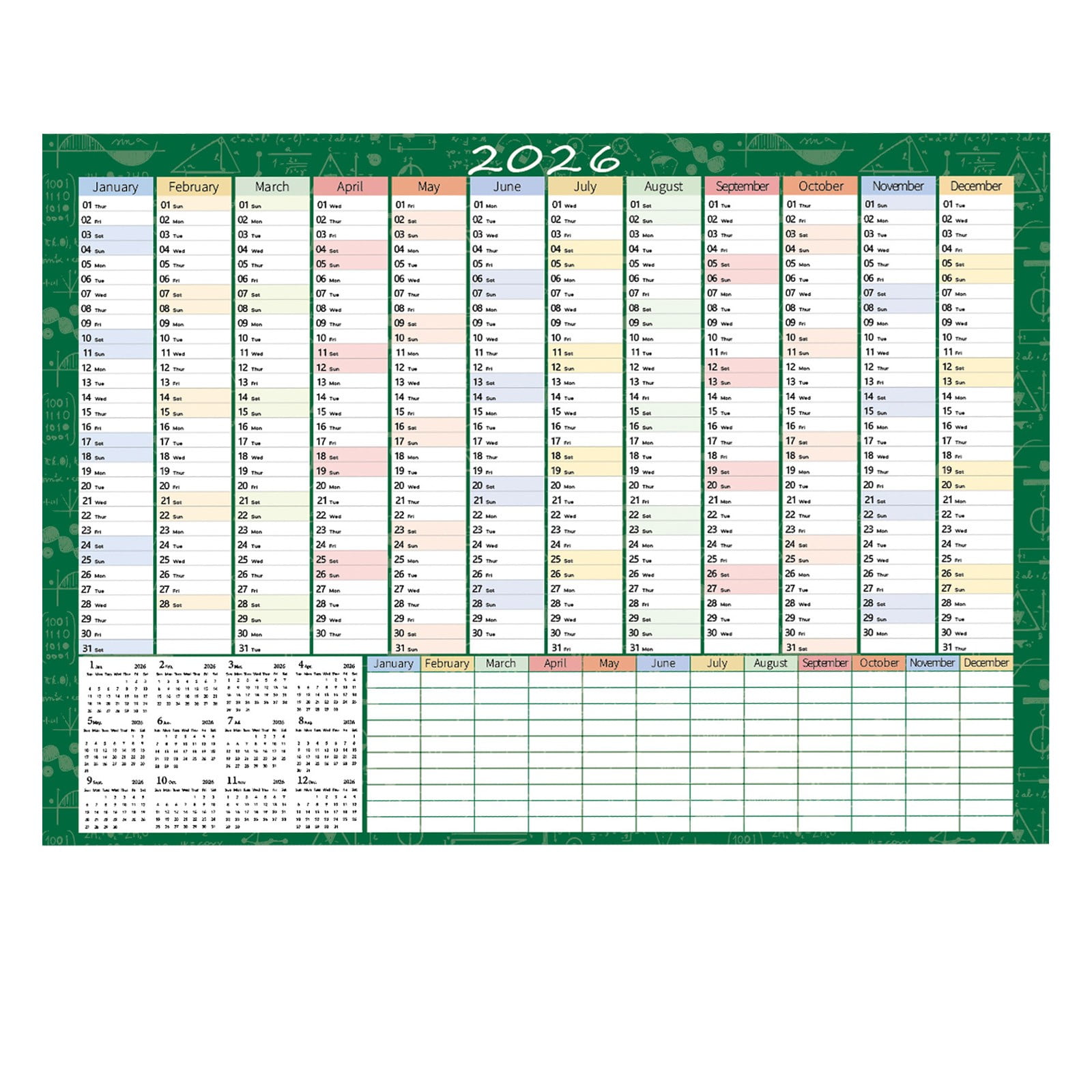 Yearly Wall Calendar With Holidays Full Year Calendar One Page Annual ...