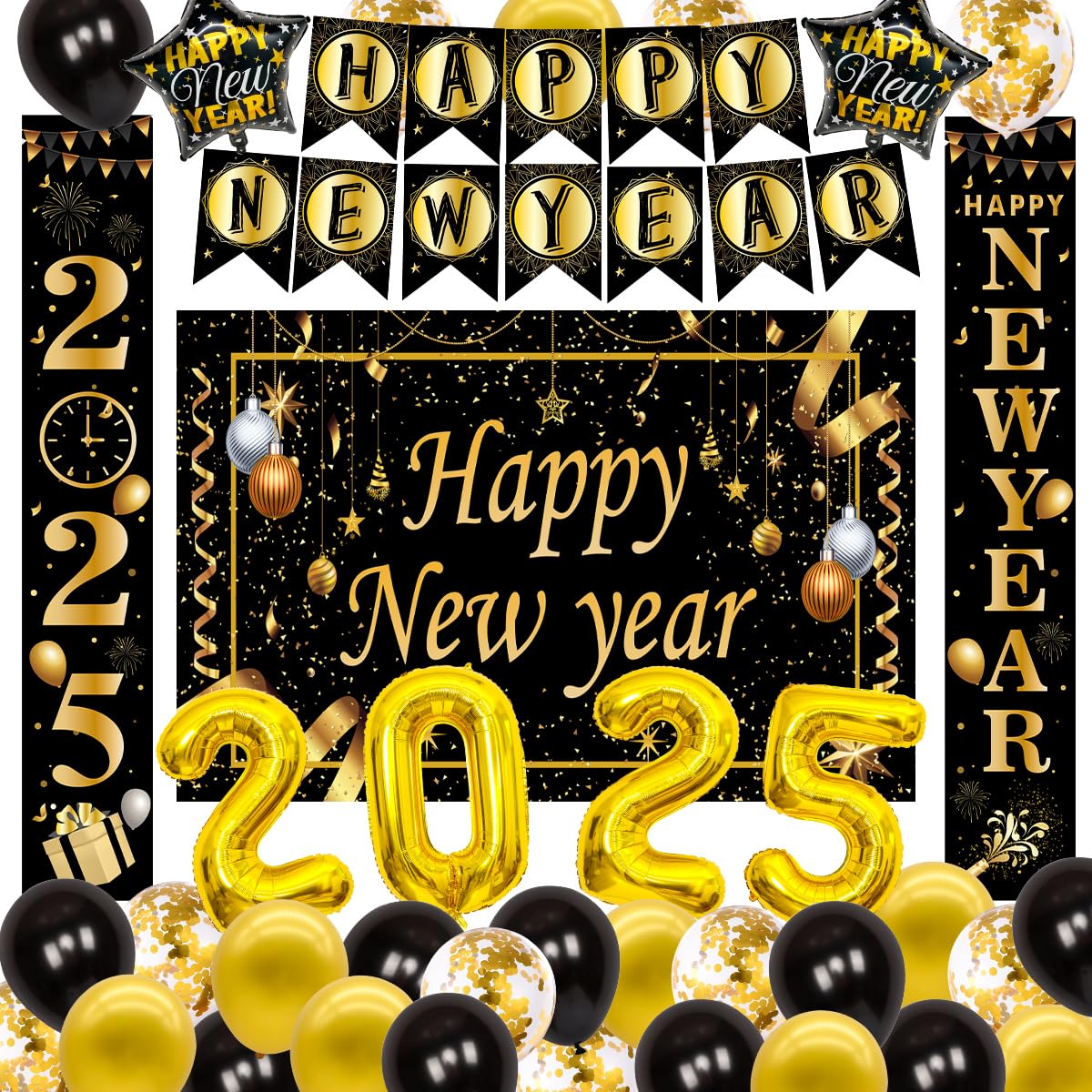 Years Eve Party Supplies 2025, 40PCS Happy Year Decorations Black Gold ...