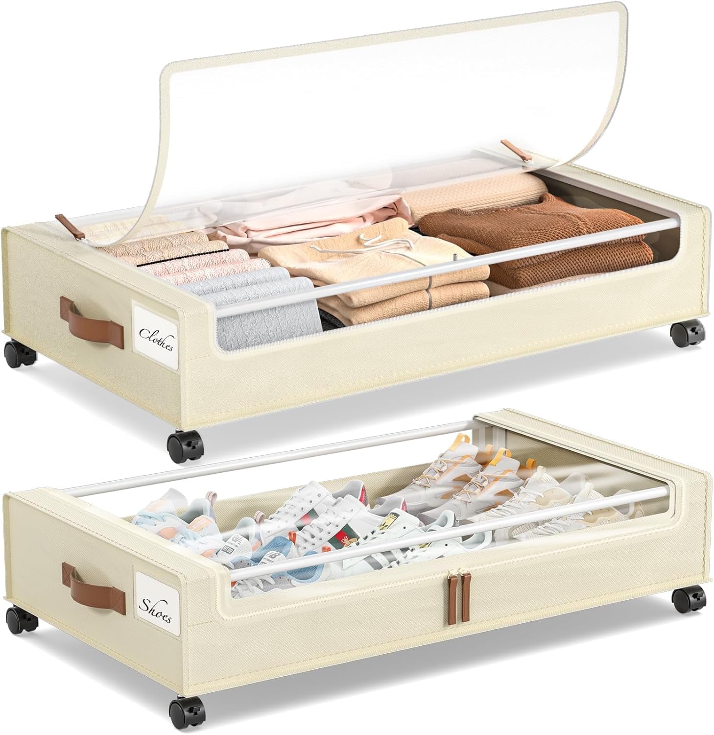 Yecaye 2-Pack Under Bed Storage Container Bins with Wheels, Beige ...