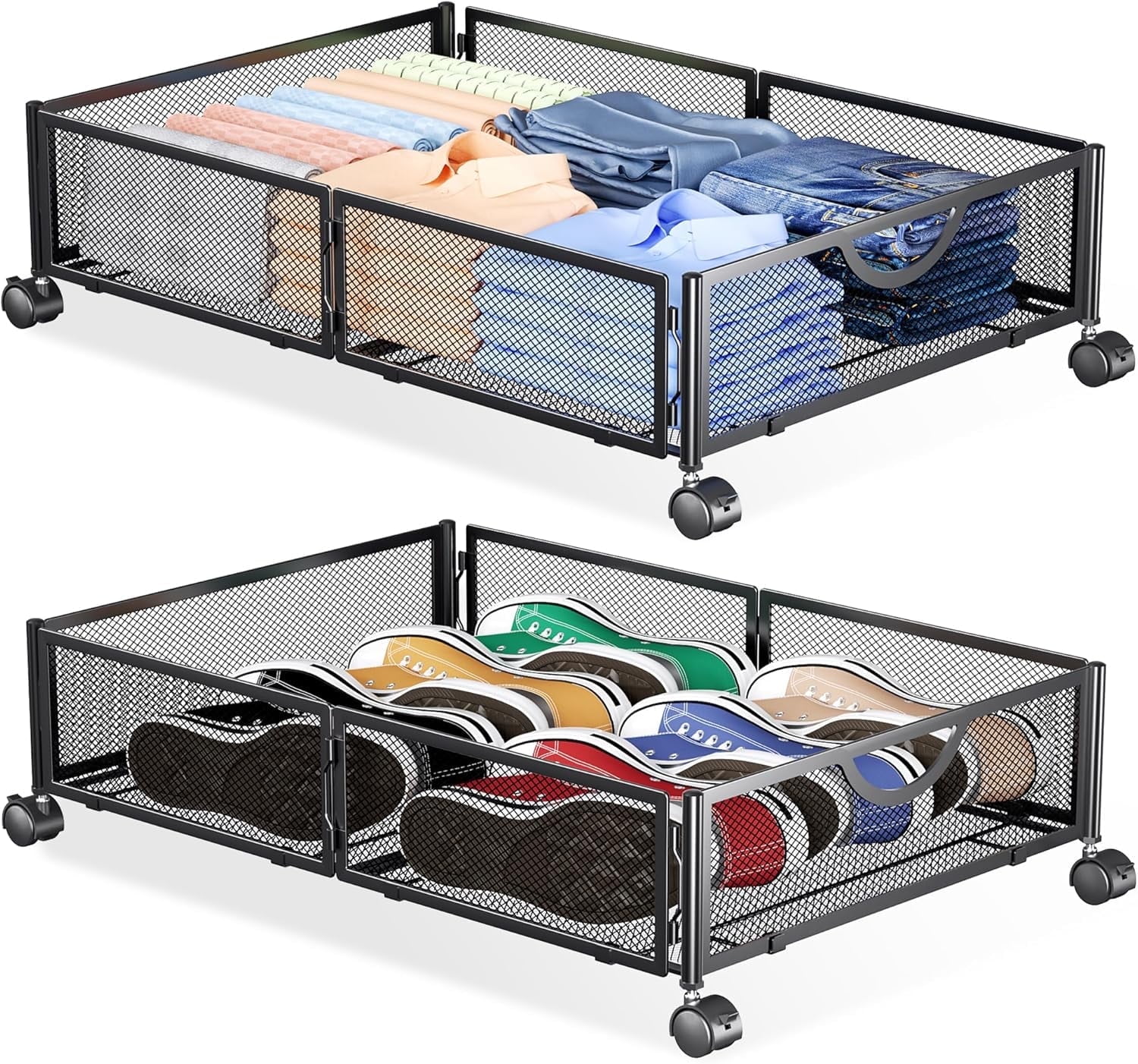 Yecaye Under Bed Storage Containers Metal Mesh with Wheels 2 Pack ...
