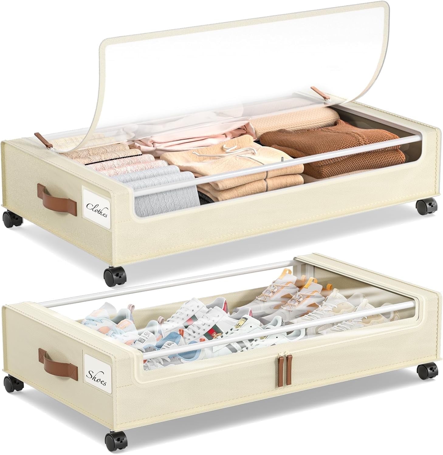 Yecaye Under Bed Storage with Wheels, 2-Pack Beige Rolling Shoe ...