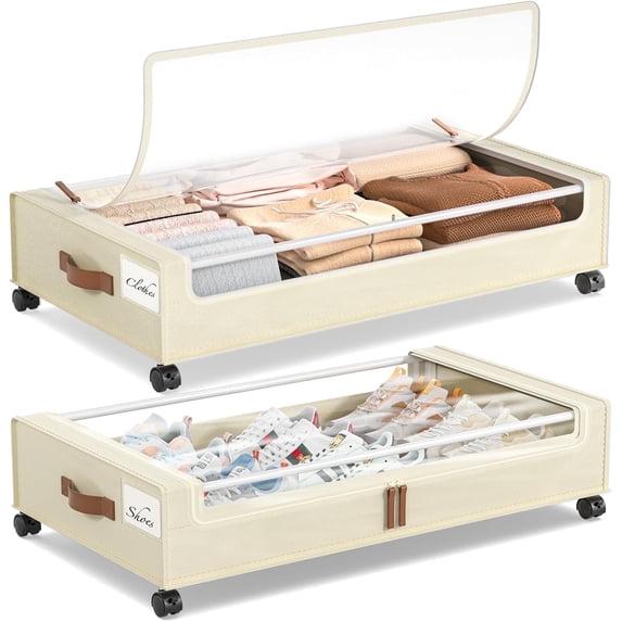 Yecaye Under Bed Storage with Wheels, 2-Pack Beige Organizer Bins, 600D ...