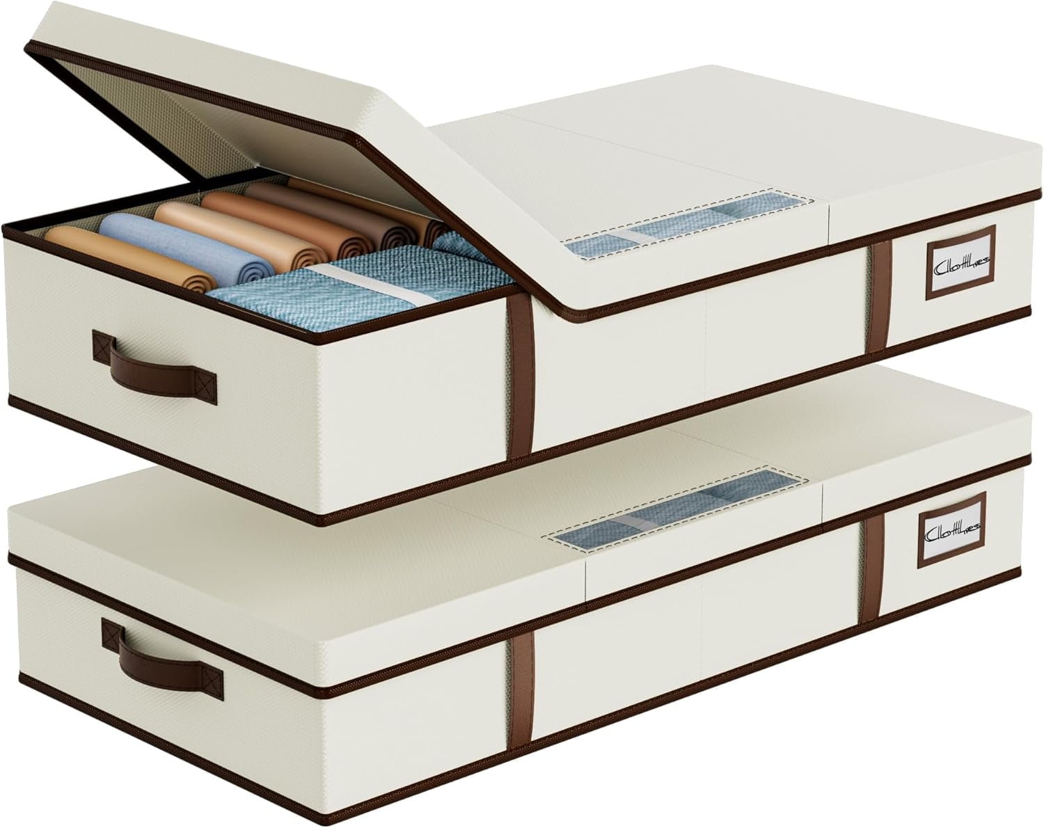 Yecaye Underbed Storage Containers, 2 Pack Large Foldable Beige Linen ...