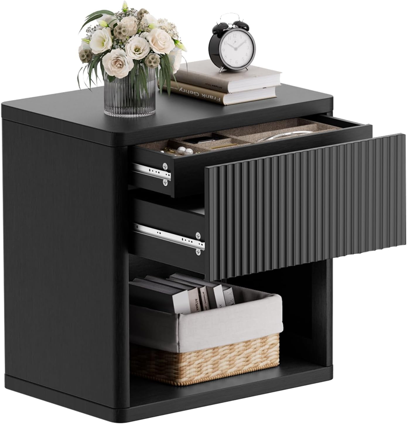 Yechen Black Nightstand with Hidden Drawers and Open Shelves, Mid ...
