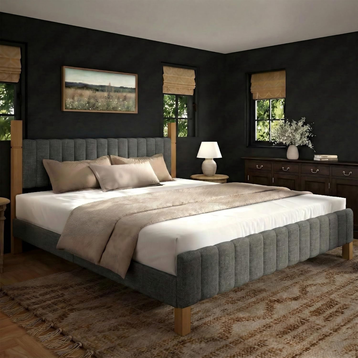 Yechen King Size Bed Frame, Wood Bed Frame with Upholstered Headboard ...