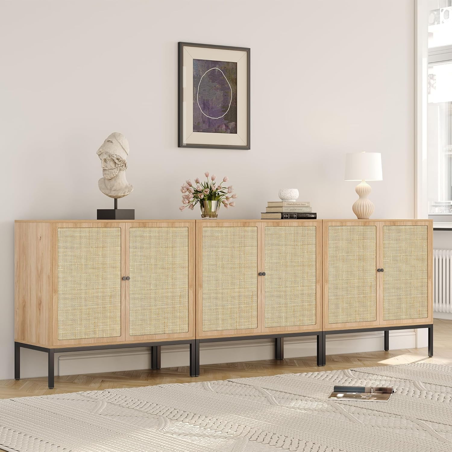 Yechen Set of 3 Sideboard Cabinet with Natural Rattan Decorated Square ...