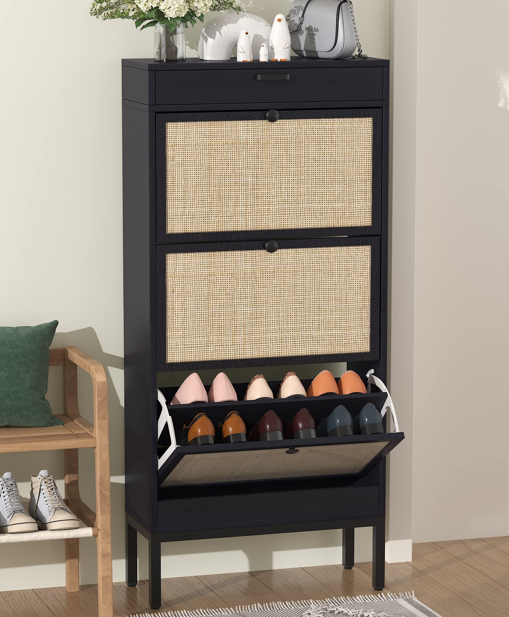 Bellemave Navy Blue Storage Shoe Bench with 3 Drawers and 3 Rattan ...