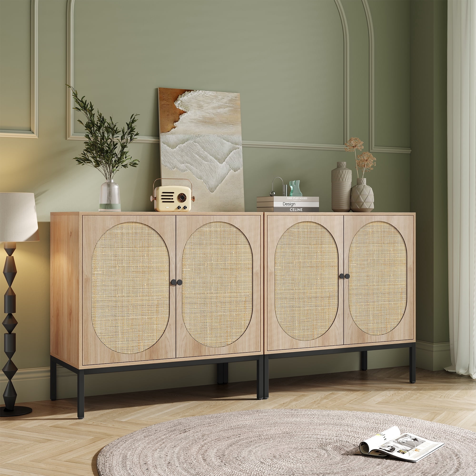 Yechen Sideboard Storage Cabinet with Handmade Natural Rattan Doors ...