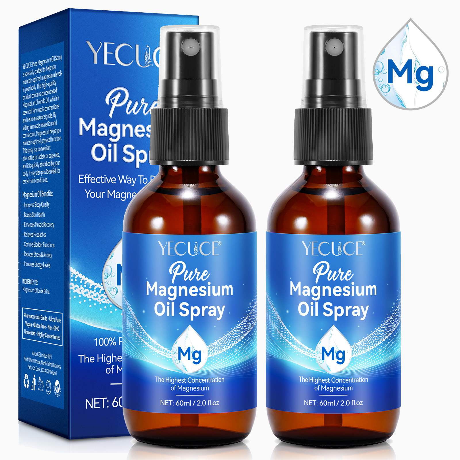 Yecuce 100% Pure & Natural Magnesium Oil Spray, Highly Concentrated ...