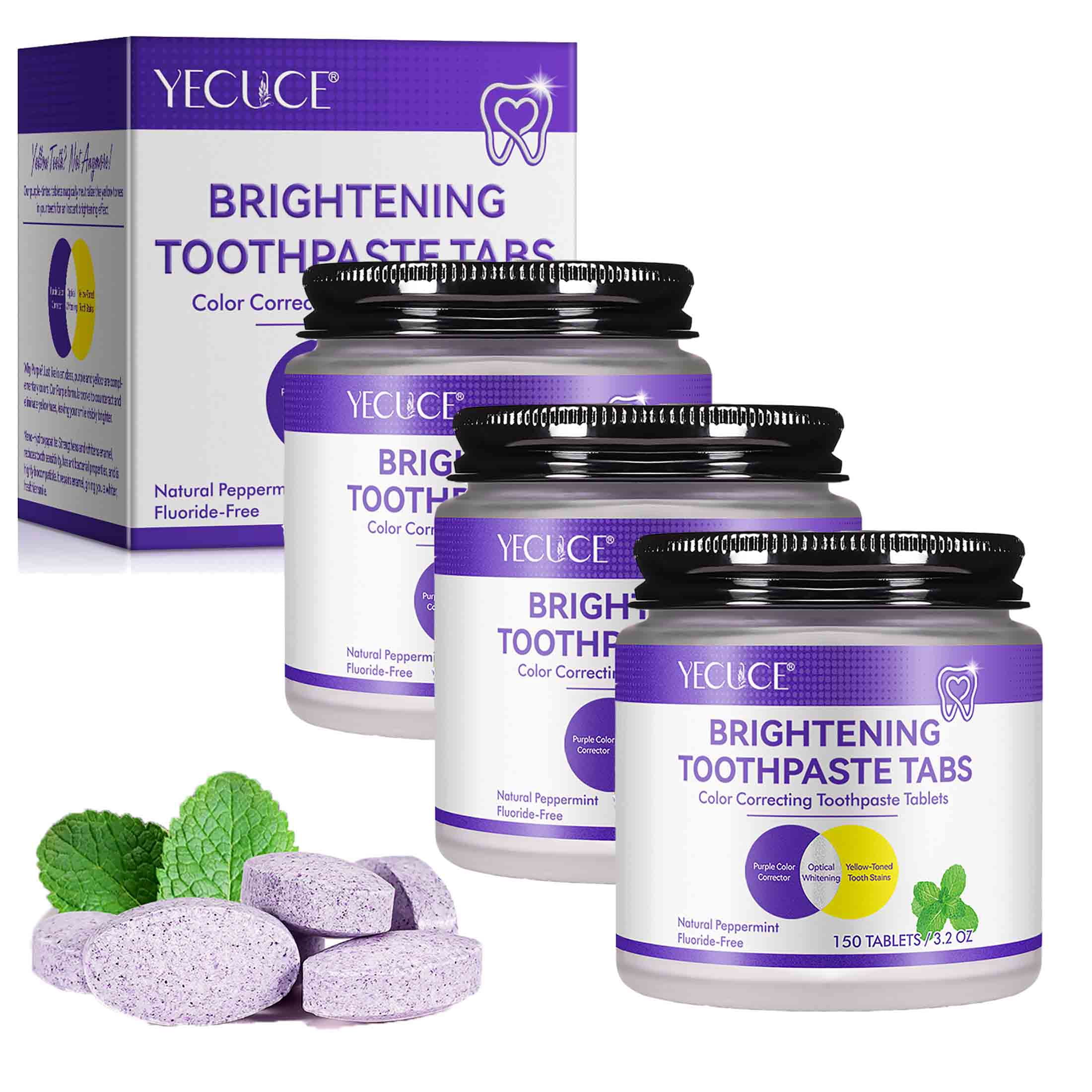Yecuce 3-Pack Purple Brightening Toothpaste Tablet,Natural Peppermint ...