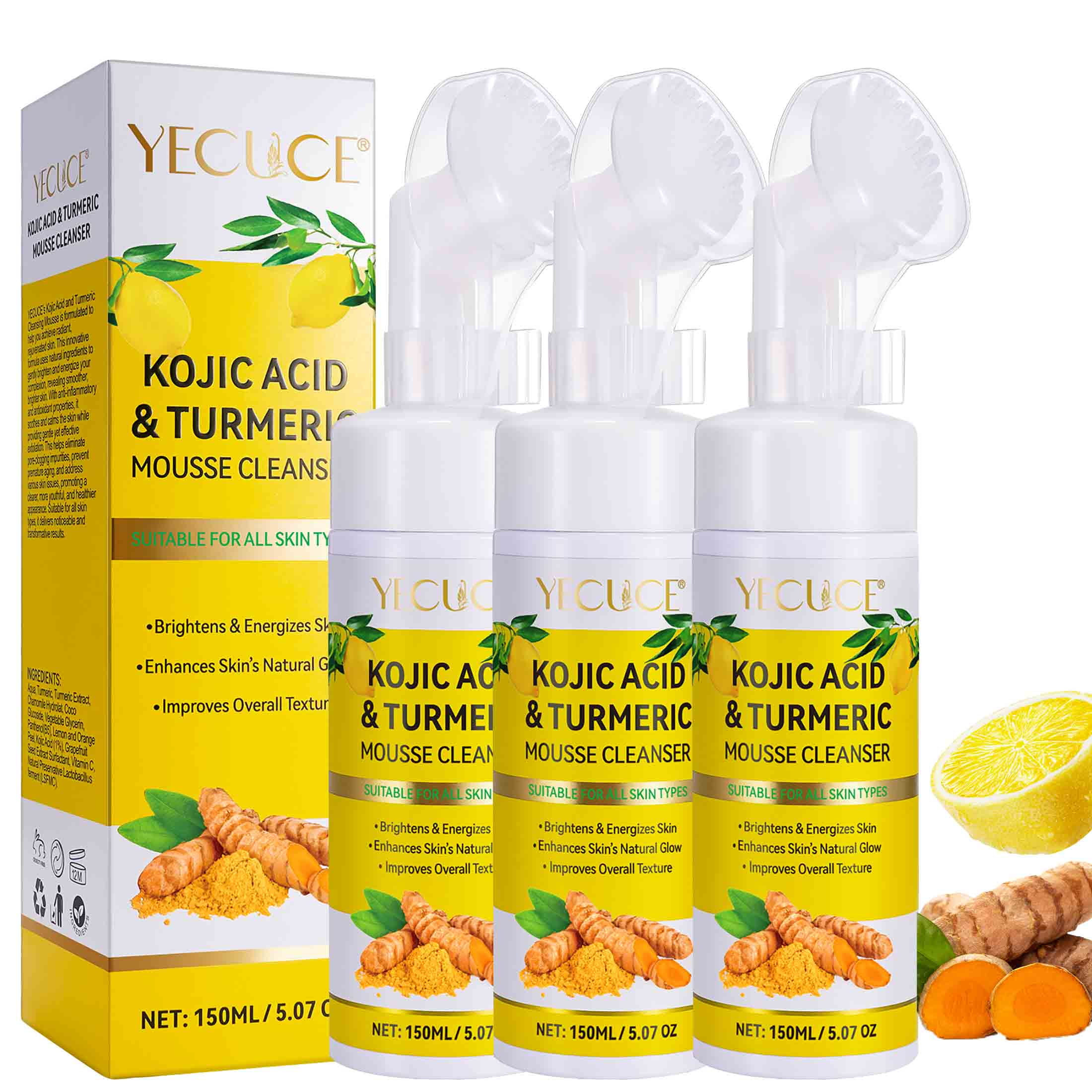 Yecuce 3-Pack Turmeric Kojic Acid Facial Cleanser Washes,Acne Cleanser ...