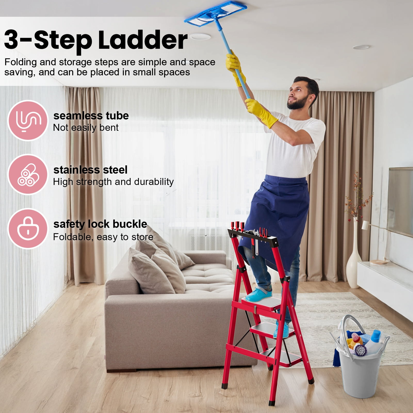Yedigre 3-Step Folding Ladder with Tool Tray – 330 lbs Capacity, Wide ...