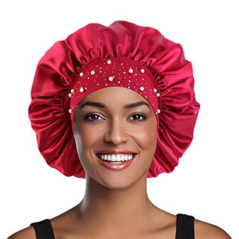 YeeMan Hair Bonnet Glittering Pearls and Rhinestones Satin Bonnet Wide ...