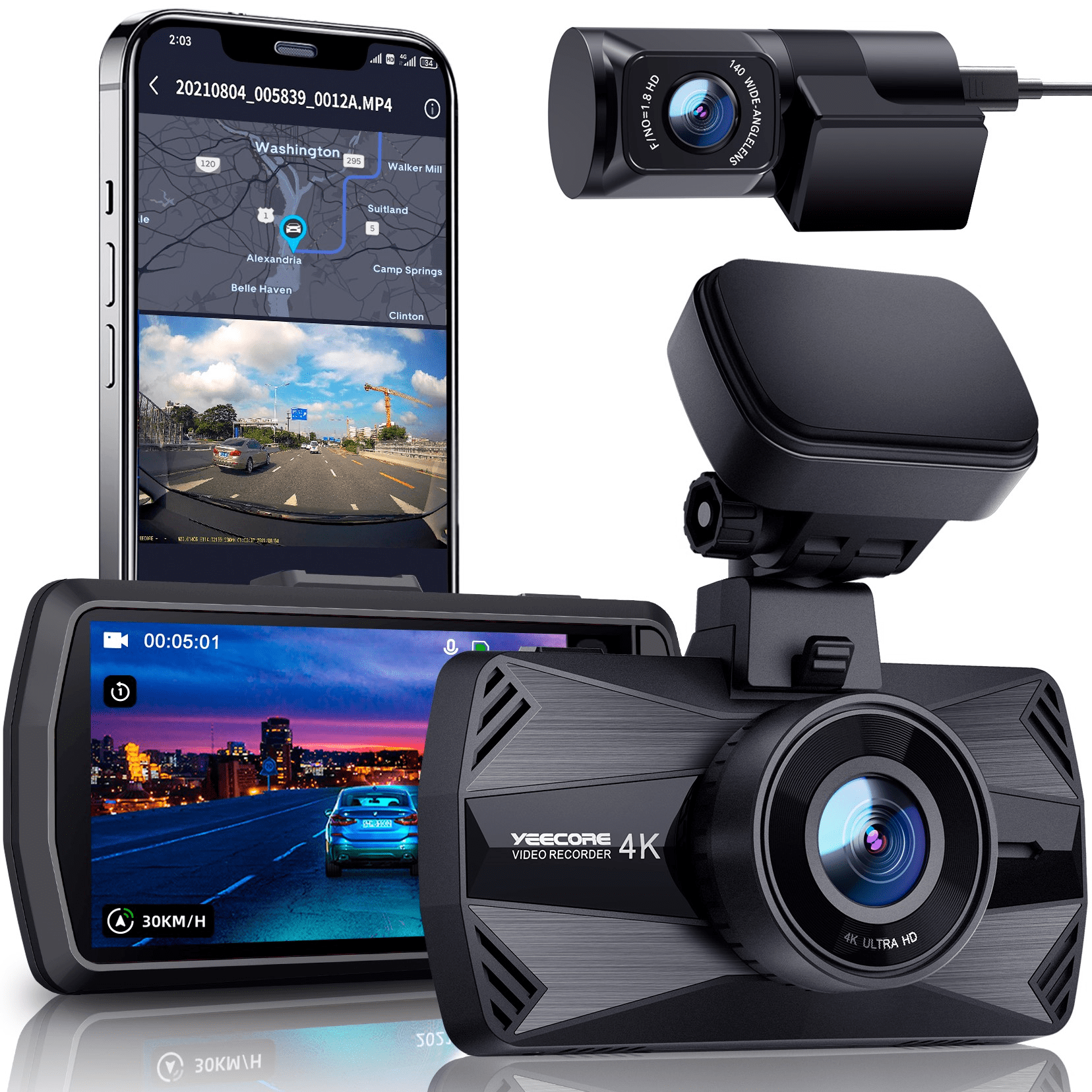 "Yeecore 4K Dual Motion Dash Cam with 5G WiFi GPS, 3"" LCD Super Night ...