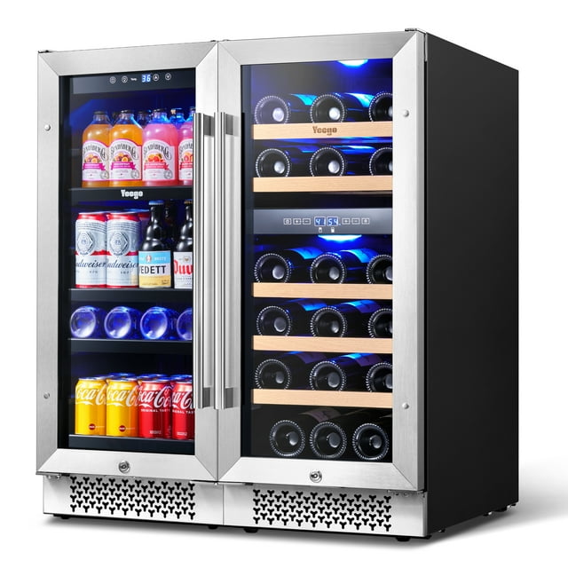 "Yeego Built Dual 30"" Wine and Beverage Refrigerator, 15"" Coolers, Holds 28 Bottles and 80 ...