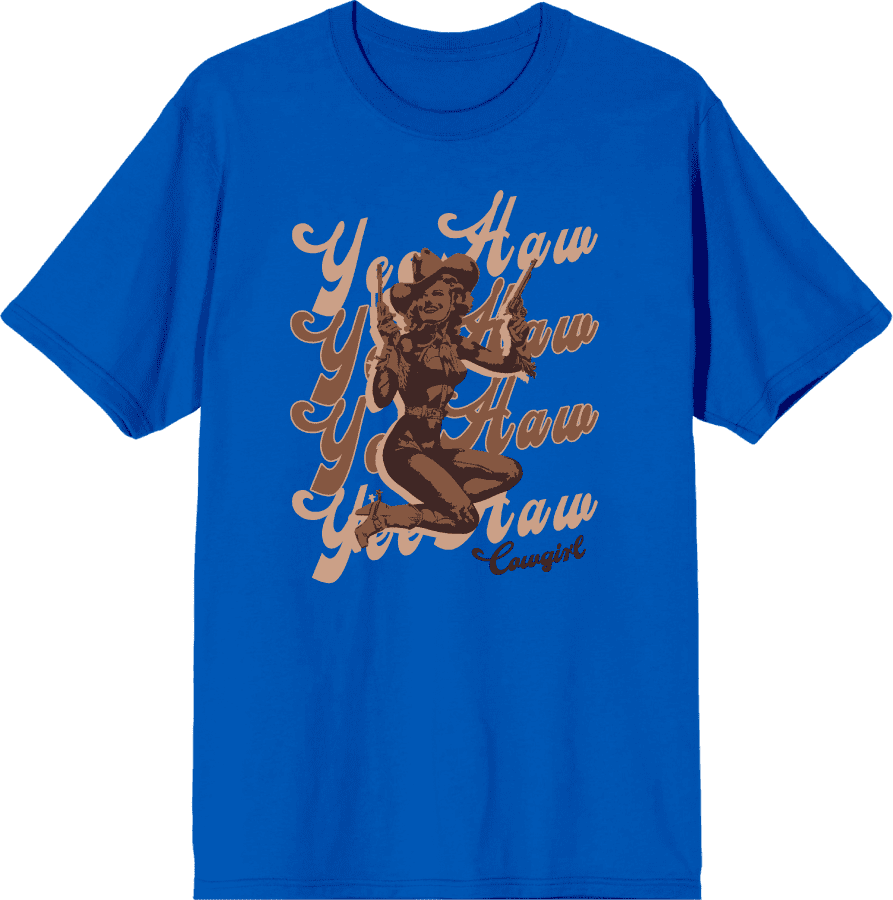 Yeehaw! Pin Up Cowgirl Adult Royal Blue Crew Neck Short Sleeve Tee ...