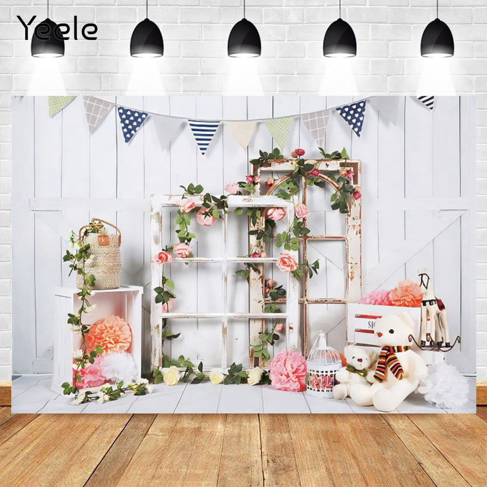 Yeele Window Frame Backdrop Rose Flower Photoz Toy Bear White Planks ...