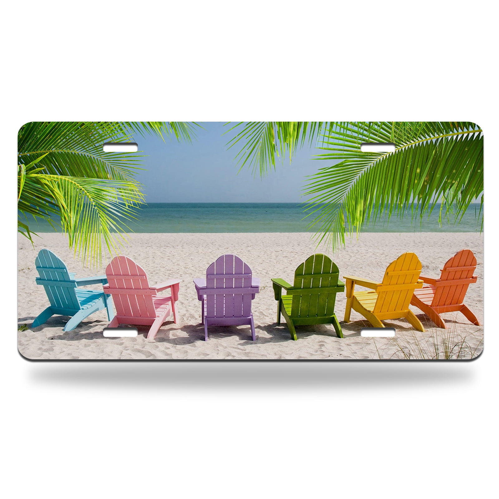 Yehwow Beach Chairs Tropical Beach Scene Metal Car Plate Decorative ...