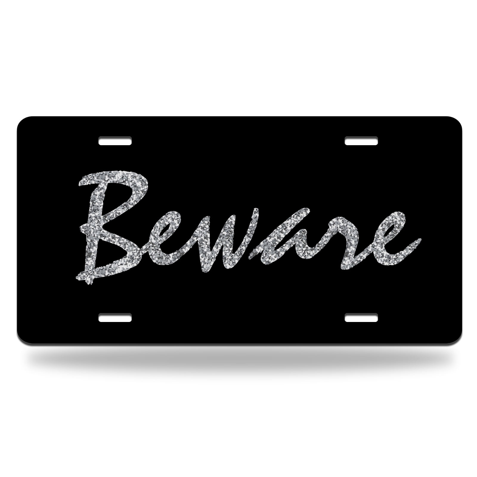 Yehwow Beware Silver Gitter Metal Car Plate Decorative Aluminum License ...