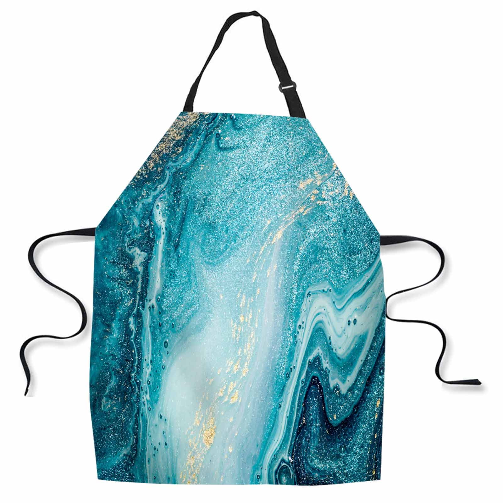 Yehwow Blue Teal Gold Marble Bib Apron For Kitchen BBQ Gardening With ...