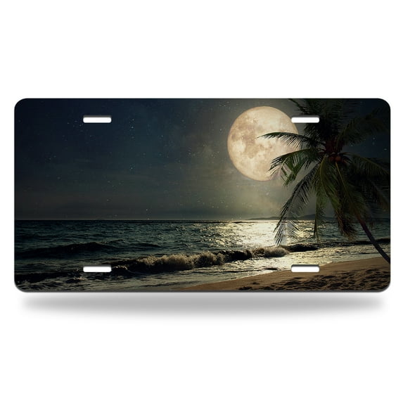 Yehwow Palm Tree With Full Moon Starry Night Metal Car Plate Aluminum ...