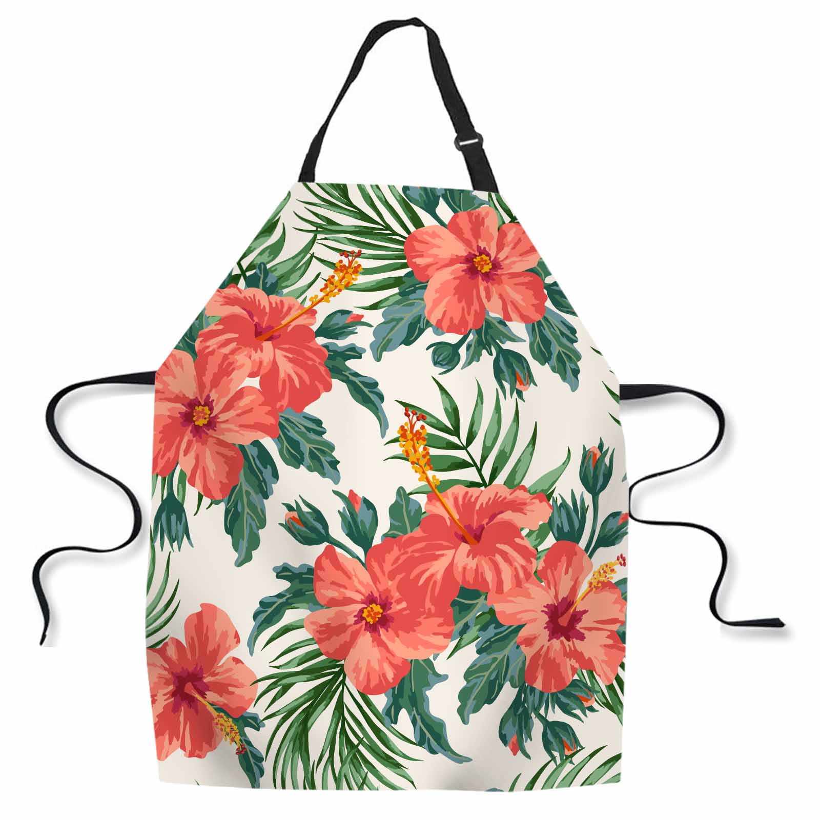 Yehwow Tropical Leaves and Hawaiian Flower Bib Apron For Kitchen BBQ ...