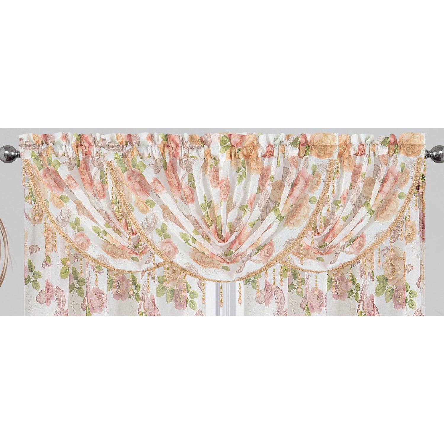 Yeldez Floral Foil Print Sheer Rod Pocket Valance, Gold, 47x37 Inches ...